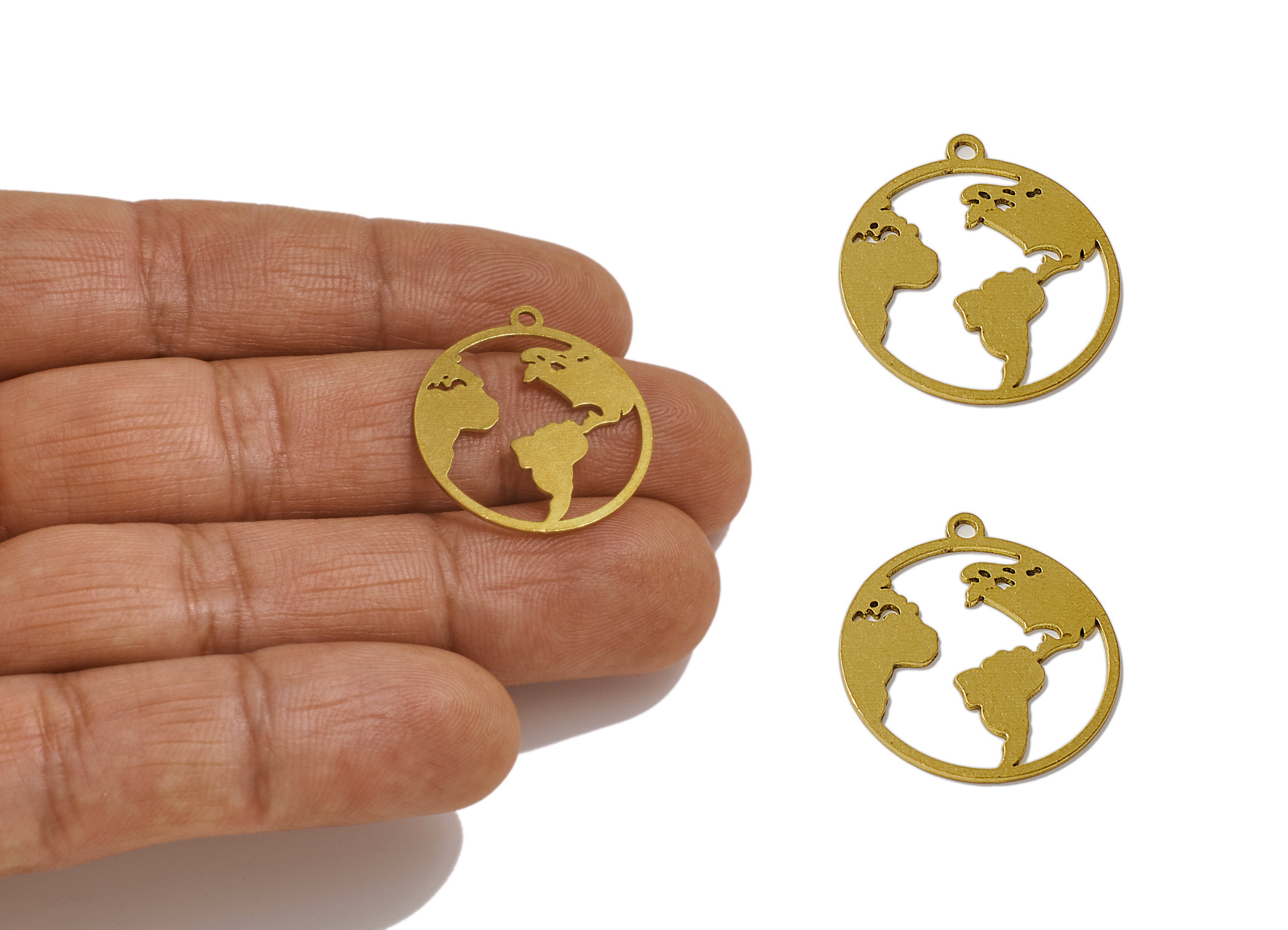 18K Gold World Map Earring Charm, Map in Round Earring, Raw Brass ...