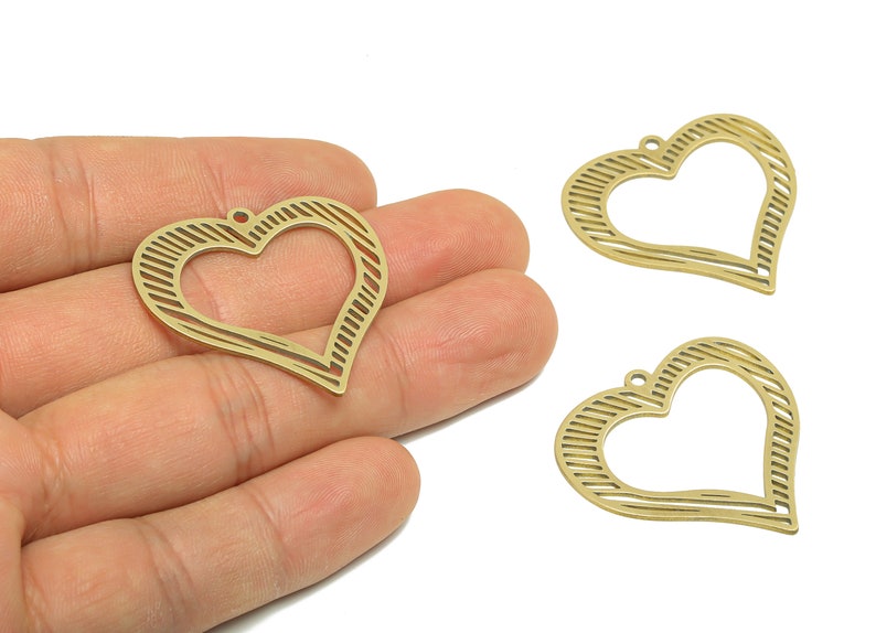 18K Real Gold Plated Heart Charm, Stripe Heart Earring Charm, Raw Brass ...