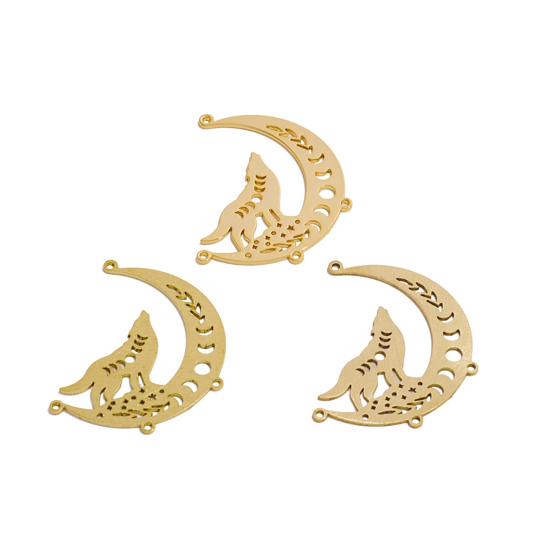 Crescent Lasercut Connector, Raw Brass Wolf Animal Celestial Moon ...