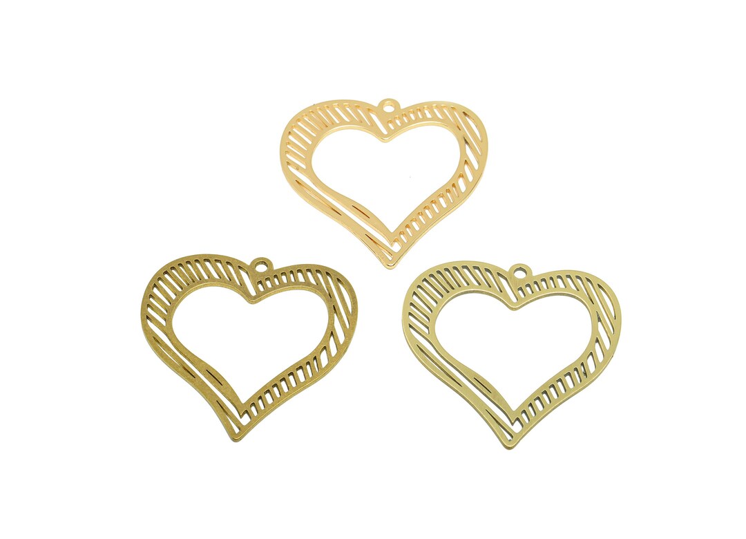 18K Real Gold Plated Heart Charm, Stripe Heart Earring Charm, Raw Brass ...