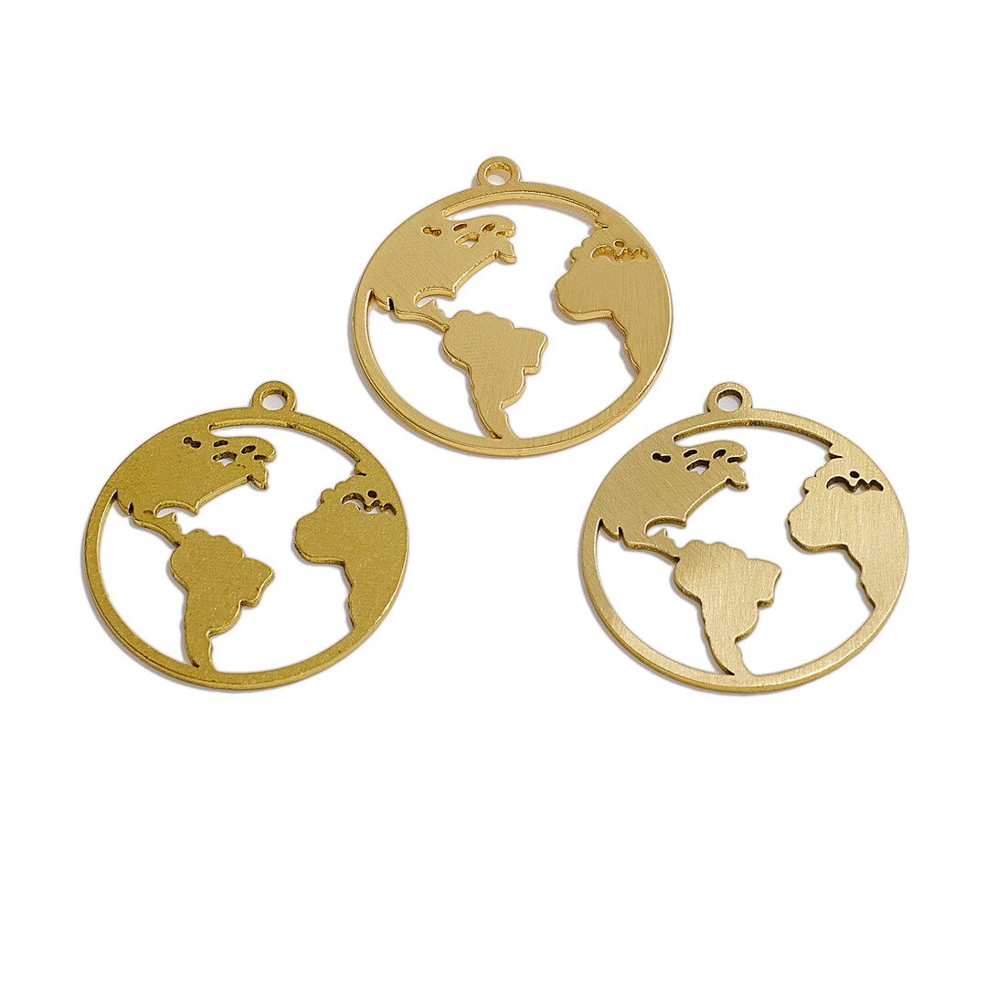 18K Gold World Map Earring Charm, Map in Round Earring, Raw Brass ...