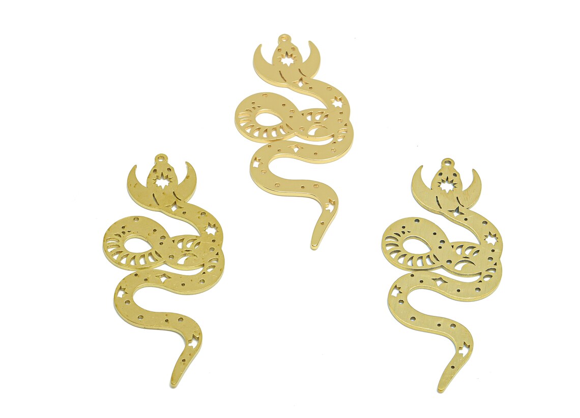2pcs Raw Brass Snake Charm, 18K Gold Pendants, Celestial Snake Earring ...