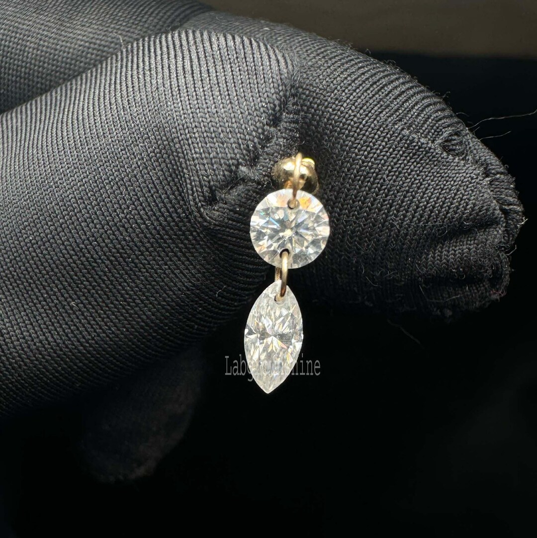 Floating Double Diamond Threaded Charm Earring 10k Gold Marquise ...