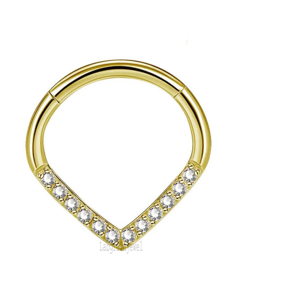 Margot 10K Solid Gold V Shape CVD Diamond Septum Ring Daith Hinged Hoop ...