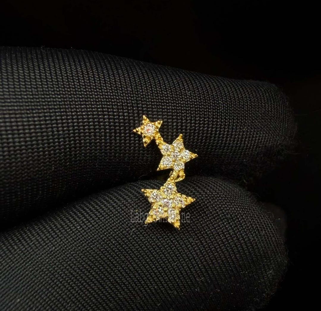 14K Solid Gold Piercing Three Star Garland Diamond Threaded Stud ...