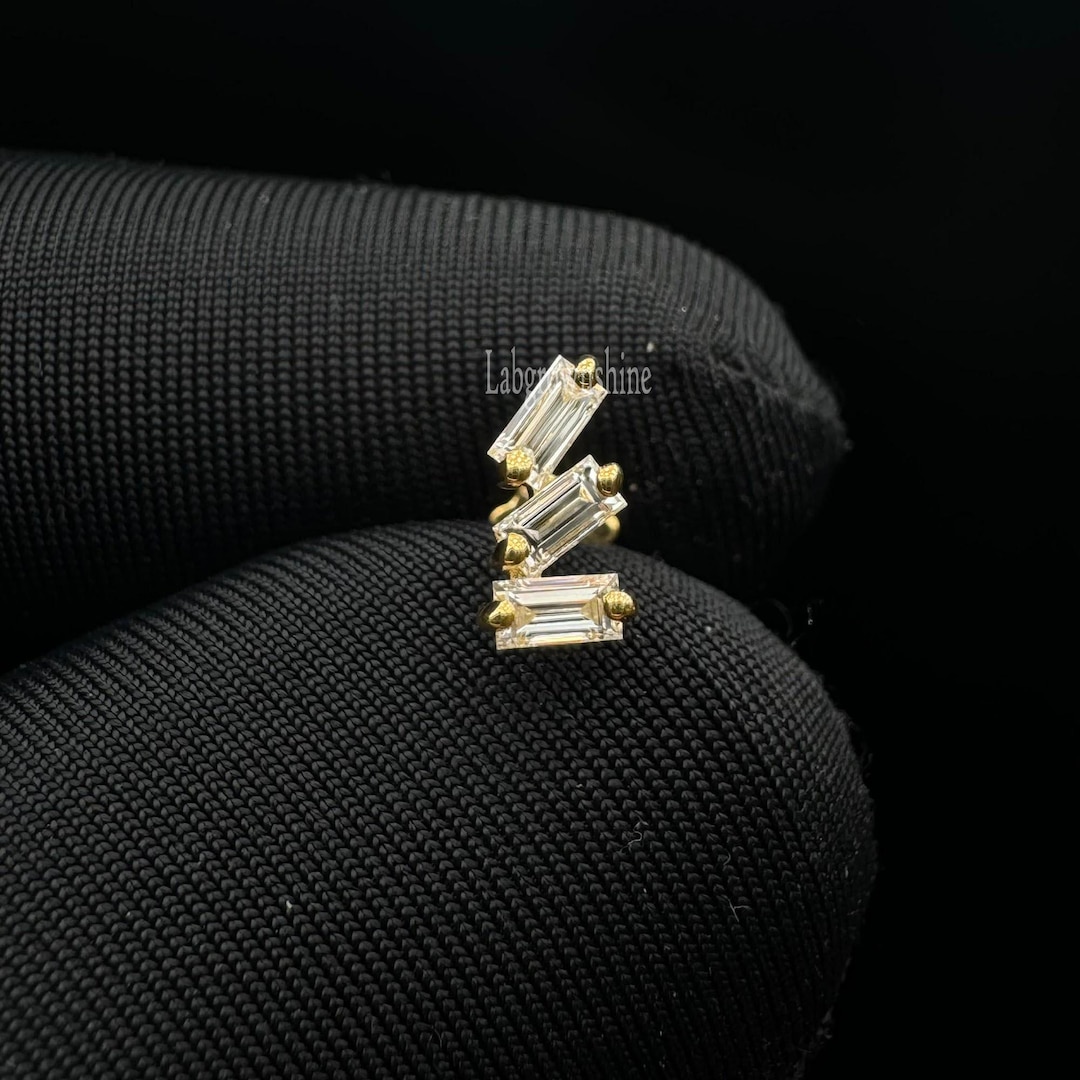 Teresa Tiny Baguette Diamond Threaded Stud Earring 14K Solid Gold Small ...