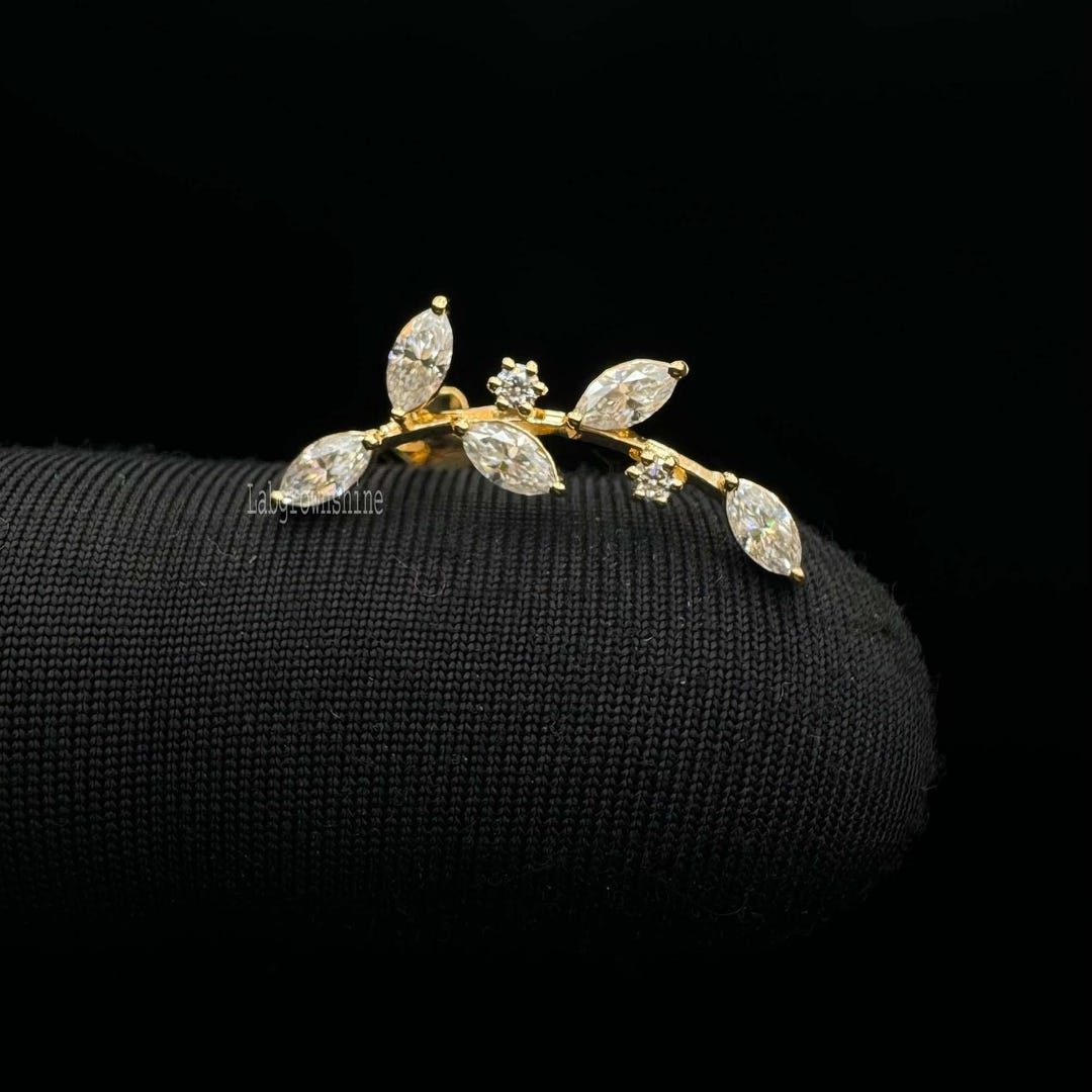 14K Gold Lab Grown Diamond Marquise Leaf Ear Climber: Conch Cartilage ...