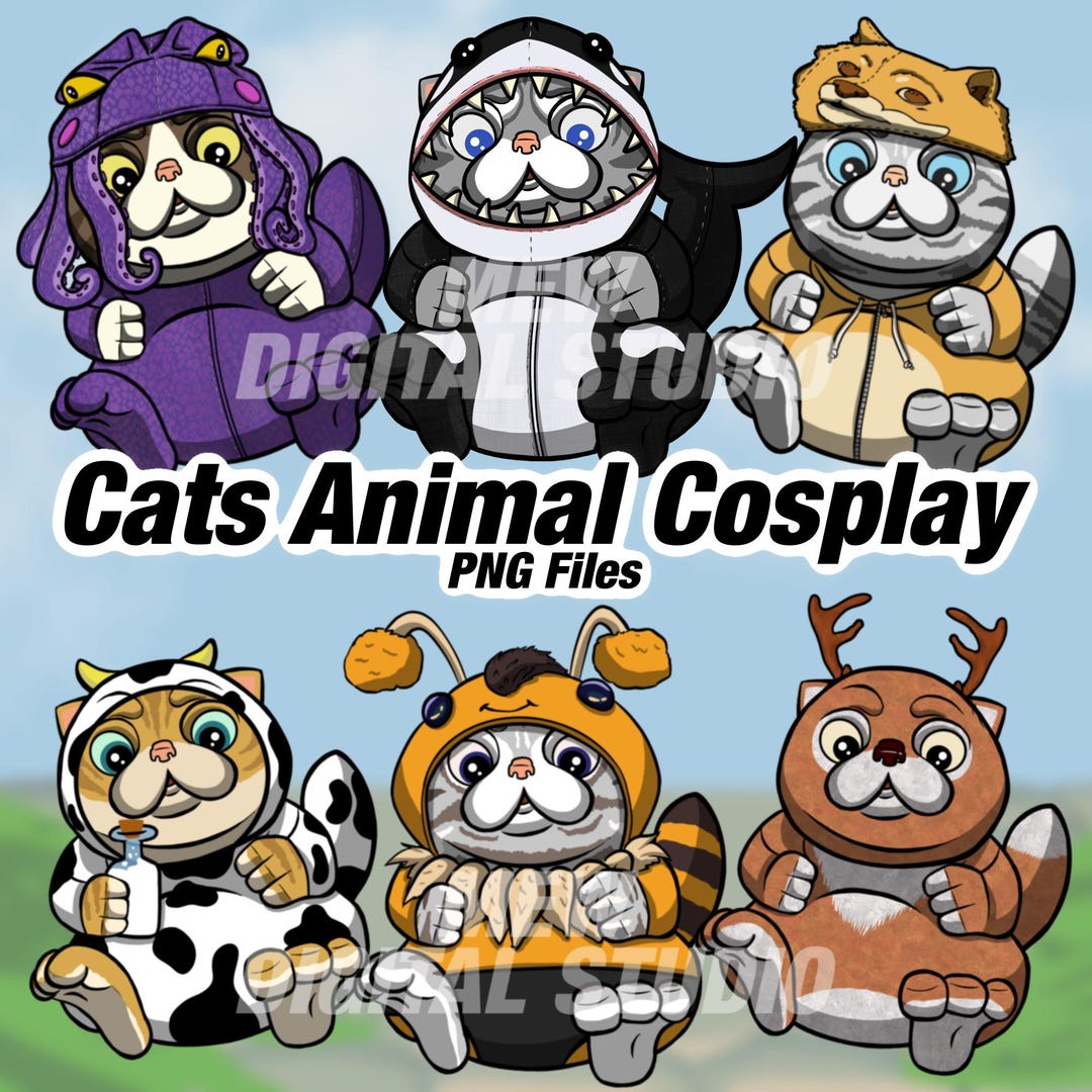 Cute Animal Cosplay Cat Clipart PNG Bundle: Adorable Wildlife and Farm ...