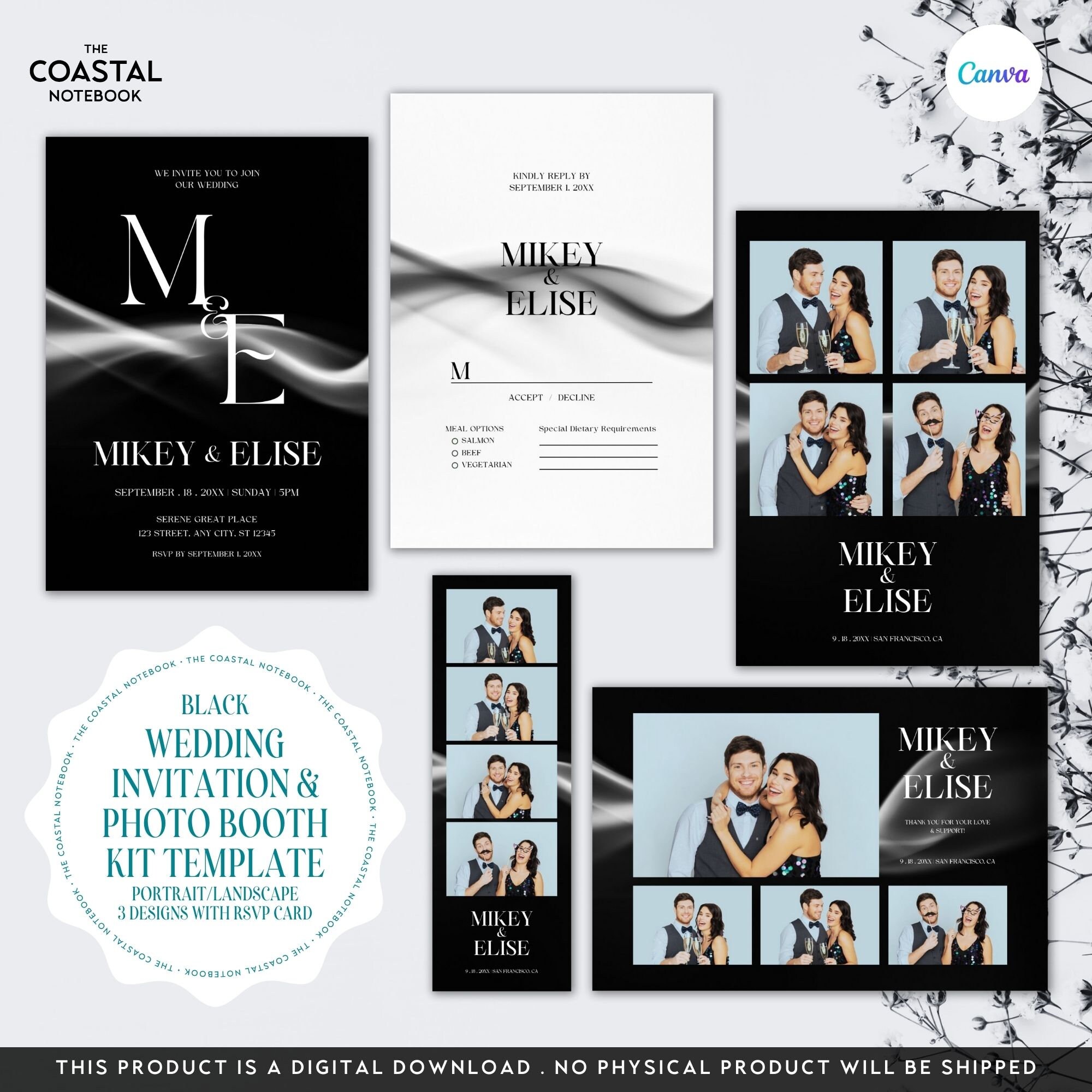 Black Wedding Invitation With RSVP & Photo Booth Strip Cards for DIY ...