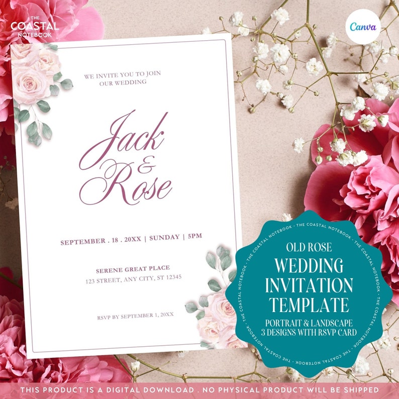 Minimalist Floral Old Rose Wedding Invitation RSVP Canva Template ...