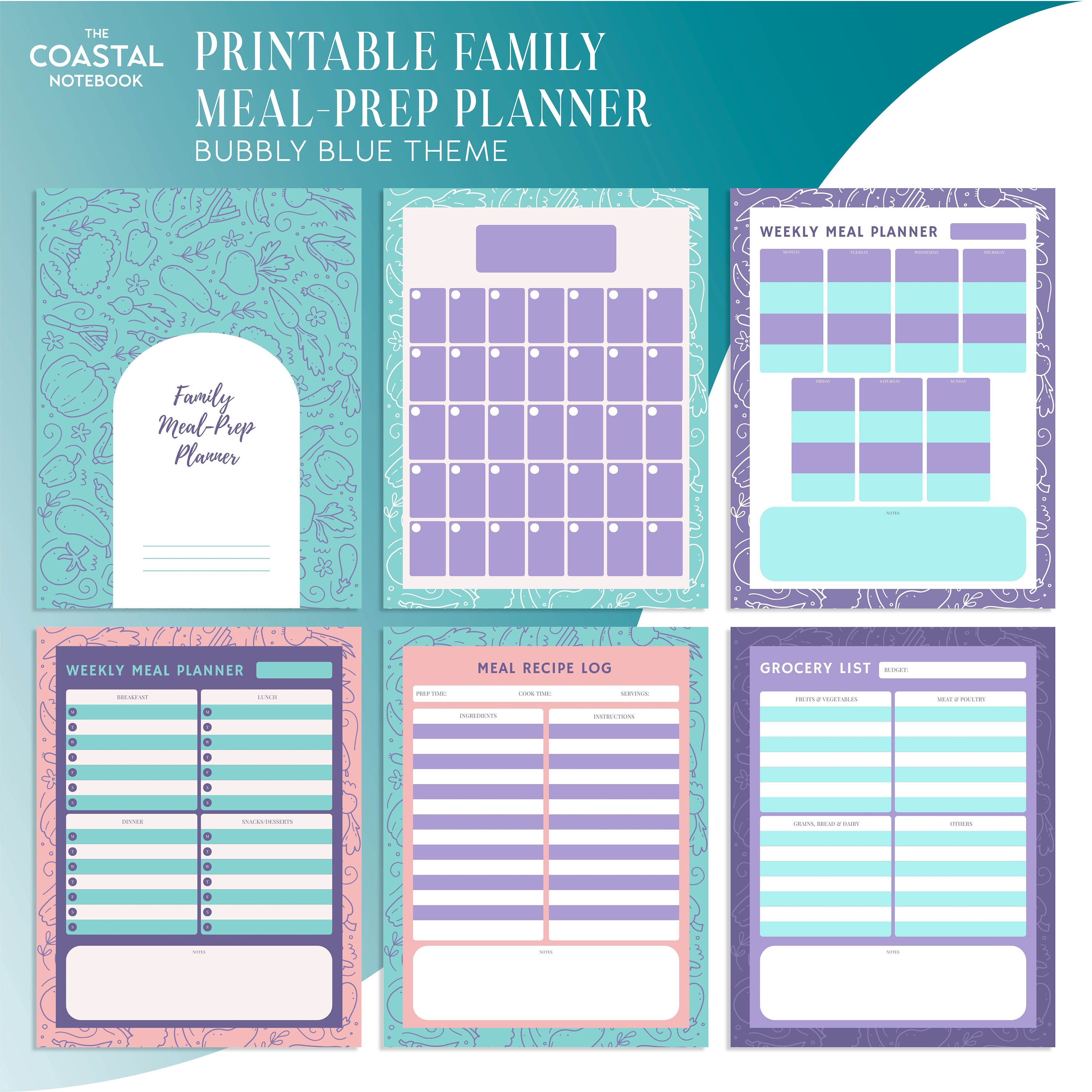 Weekly Meal Planner Printable Digital Planner Inserts Grocery List Menu ...
