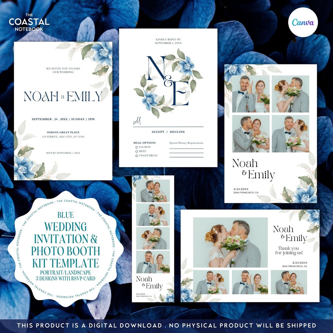 Pastel Blue Floral Wedding Invitation W RSVP & Photo Booth Strip Cards ...