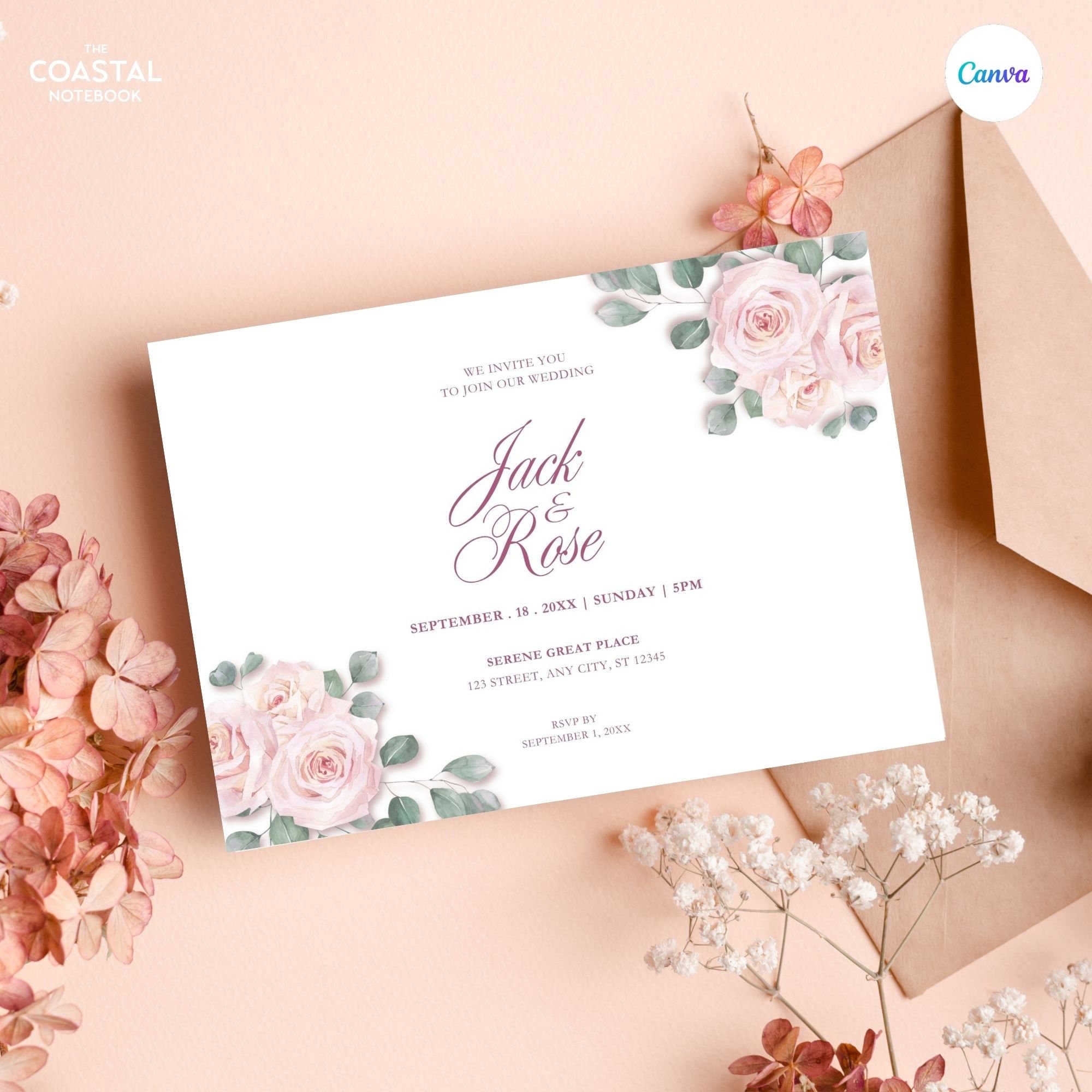 Minimalist Floral Old Rose Wedding Invitation RSVP Canva Template ...