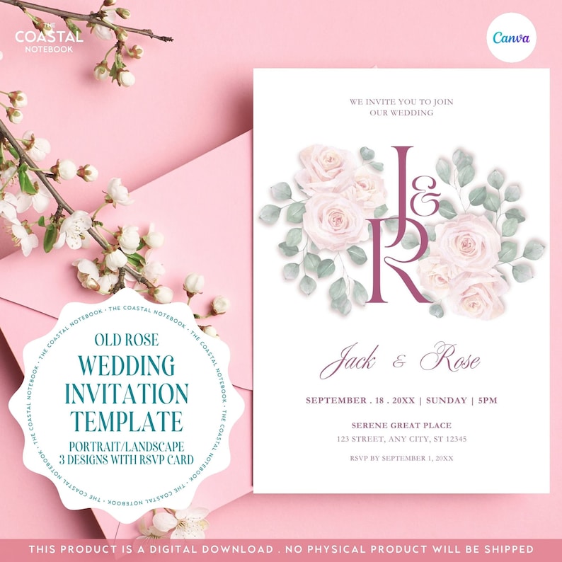 Minimalist Floral Old Rose Wedding Invitation RSVP Canva Template ...