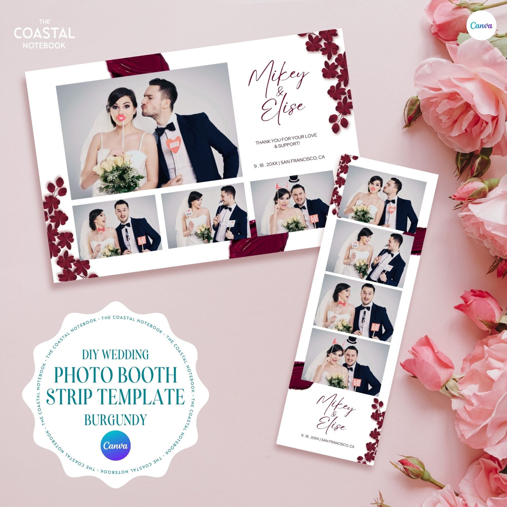 Wine Red Photo Booth Strip Template, Wedding Photo Booth Template ...