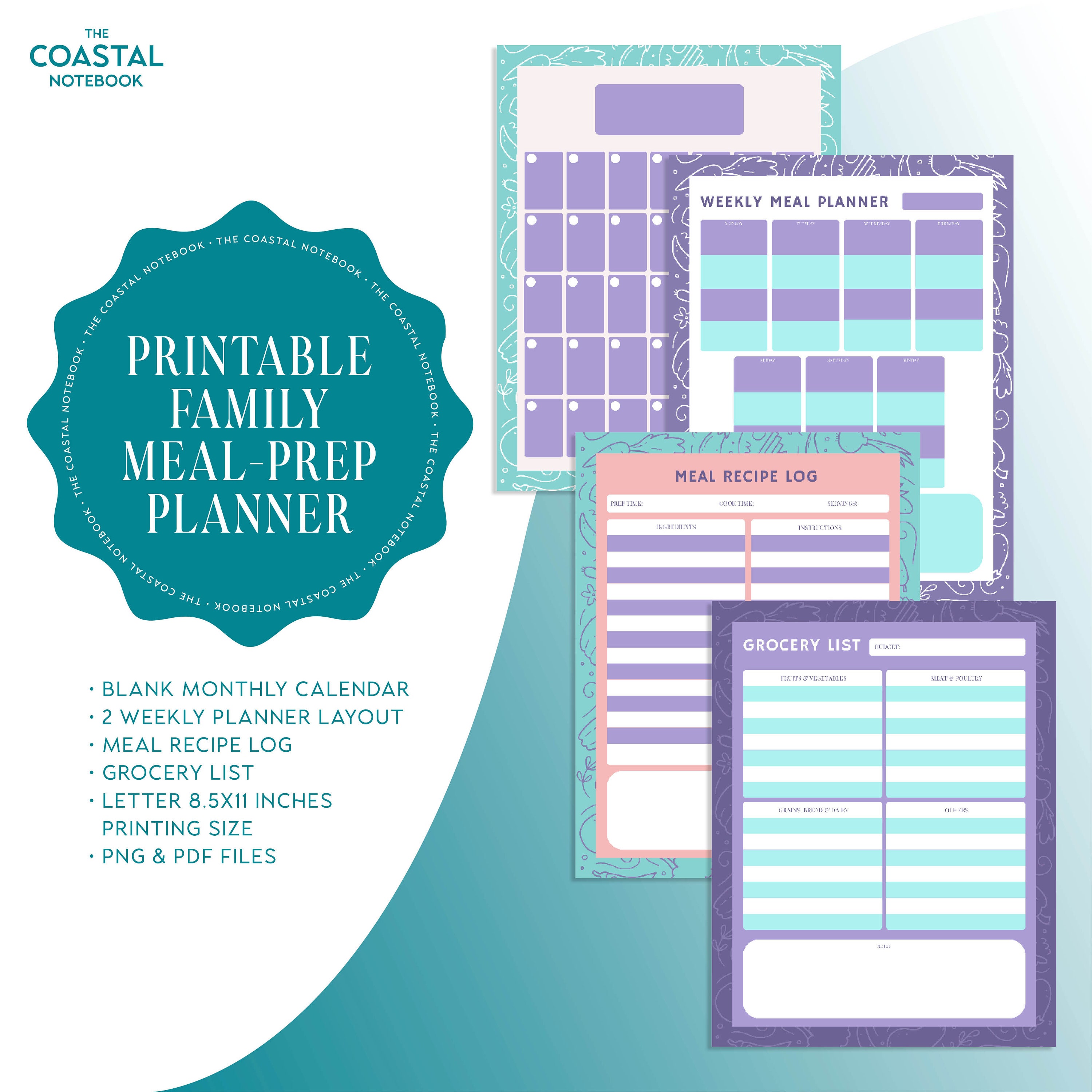 Weekly Meal Planner Printable Digital Planner Inserts Grocery List Menu ...