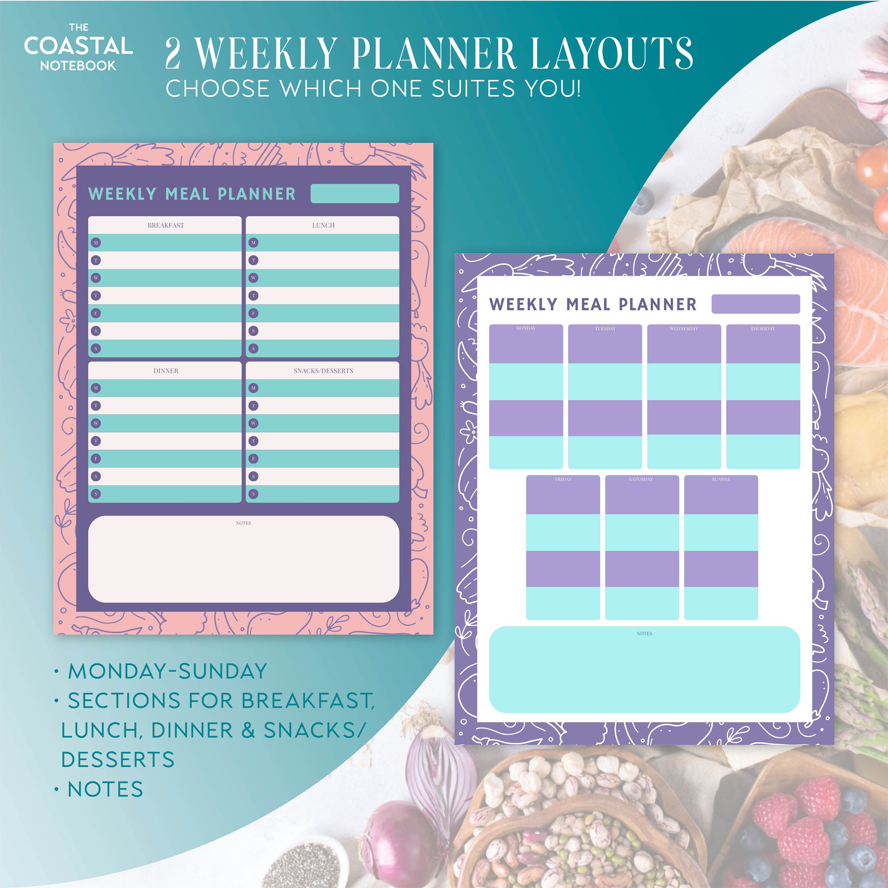 Weekly Meal Planner Printable Digital Planner Inserts Grocery List Menu ...