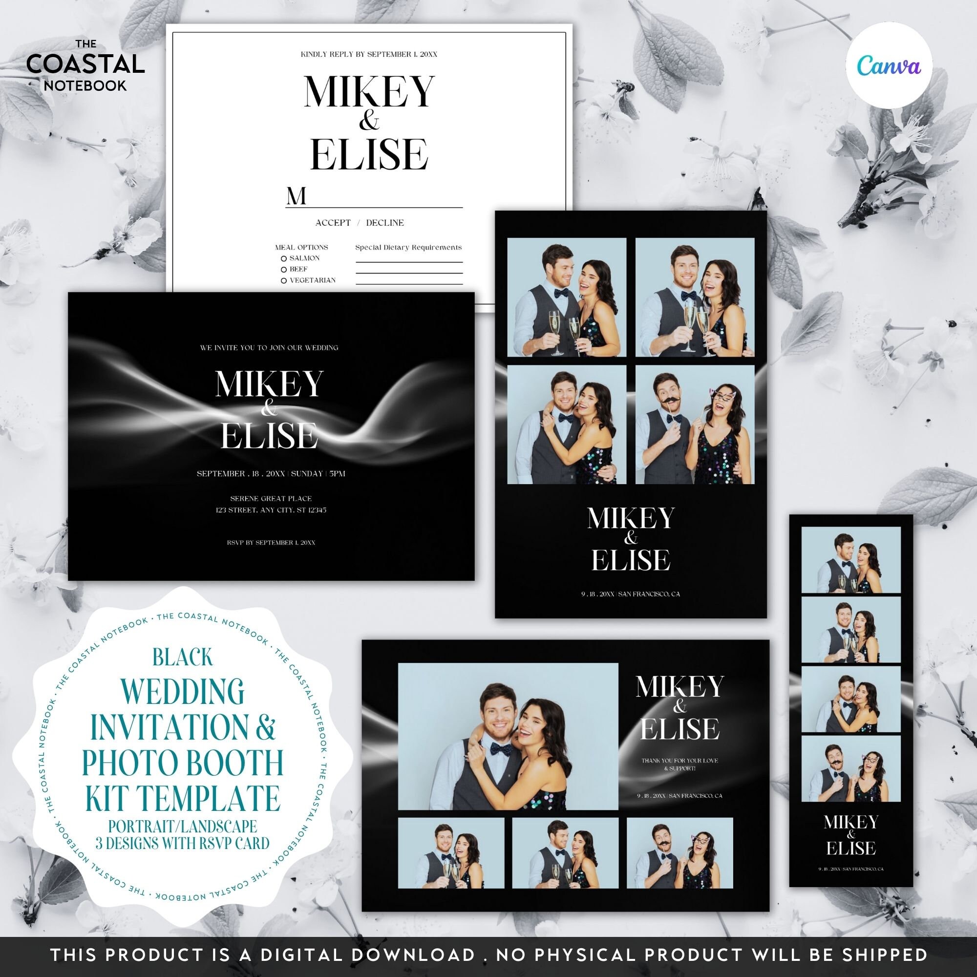 Black Wedding Invitation With RSVP & Photo Booth Strip Cards for DIY ...
