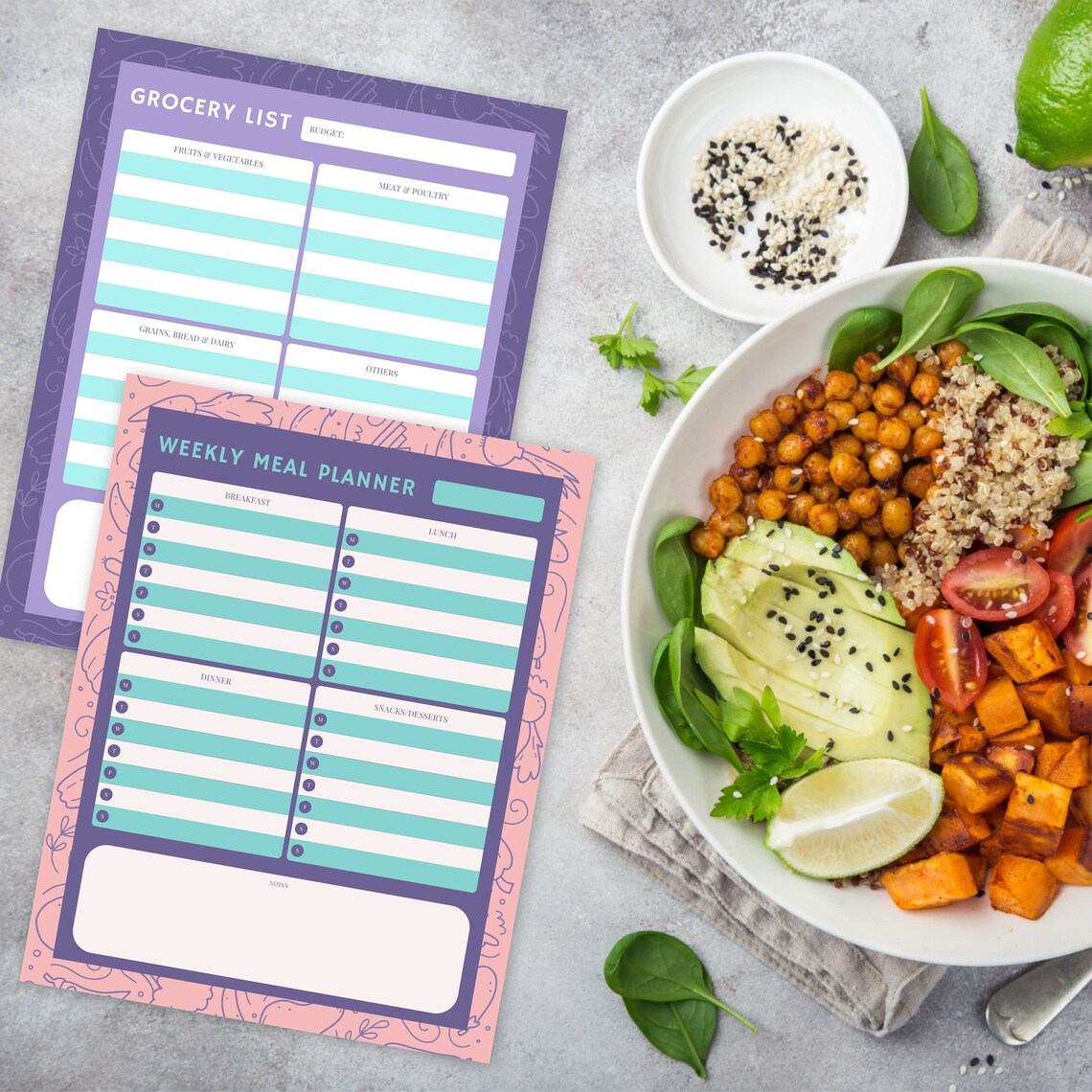 Weekly Meal Planner Printable Digital Planner Inserts Grocery List Menu ...