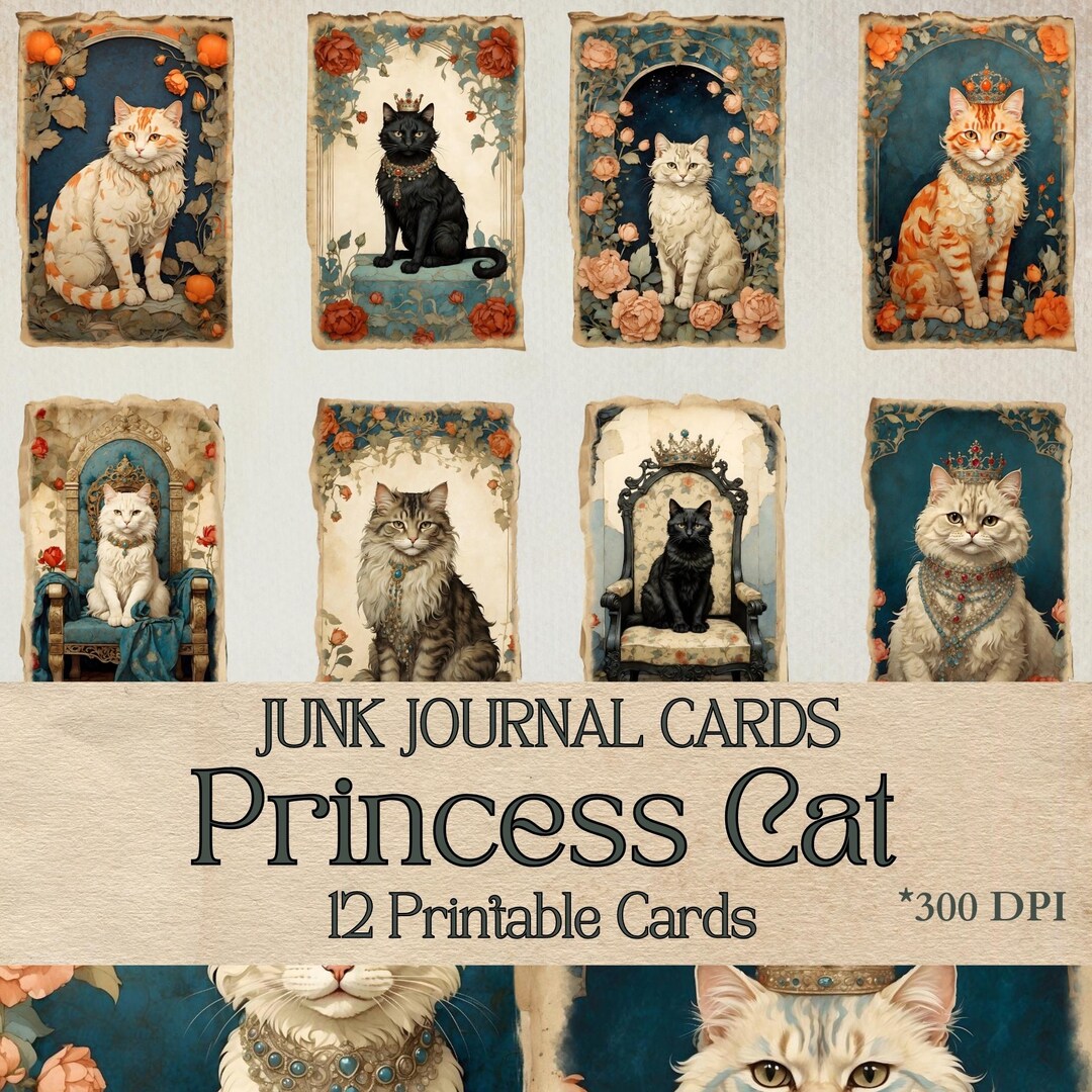 Cat Princess Junk Journal Cards, Royal Cats Ephemera Cards, Cat With ...