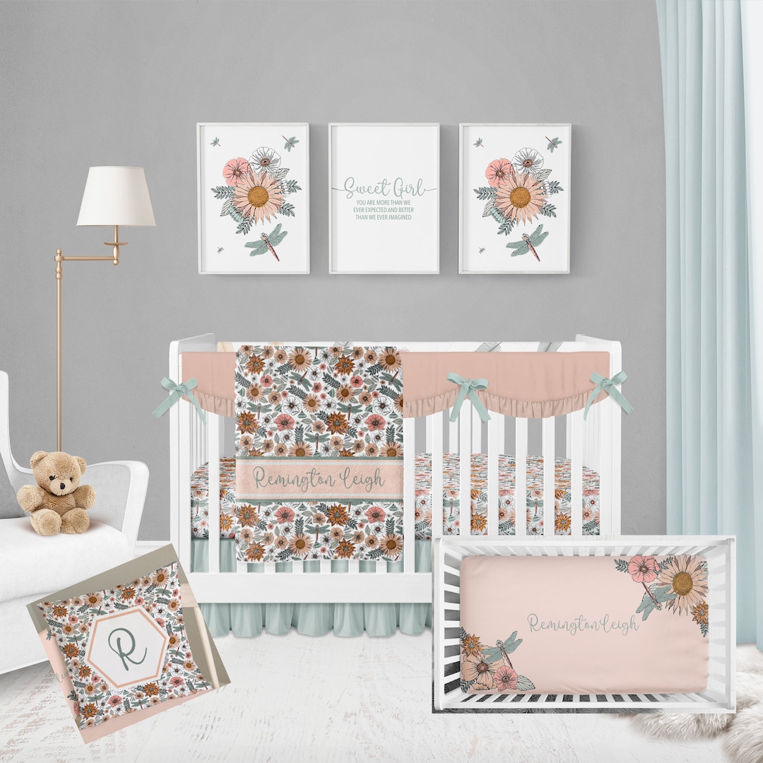 MINI Baby Girl Crib Bedding Set, Mini Boho Crib Bedding Set, Floral ...