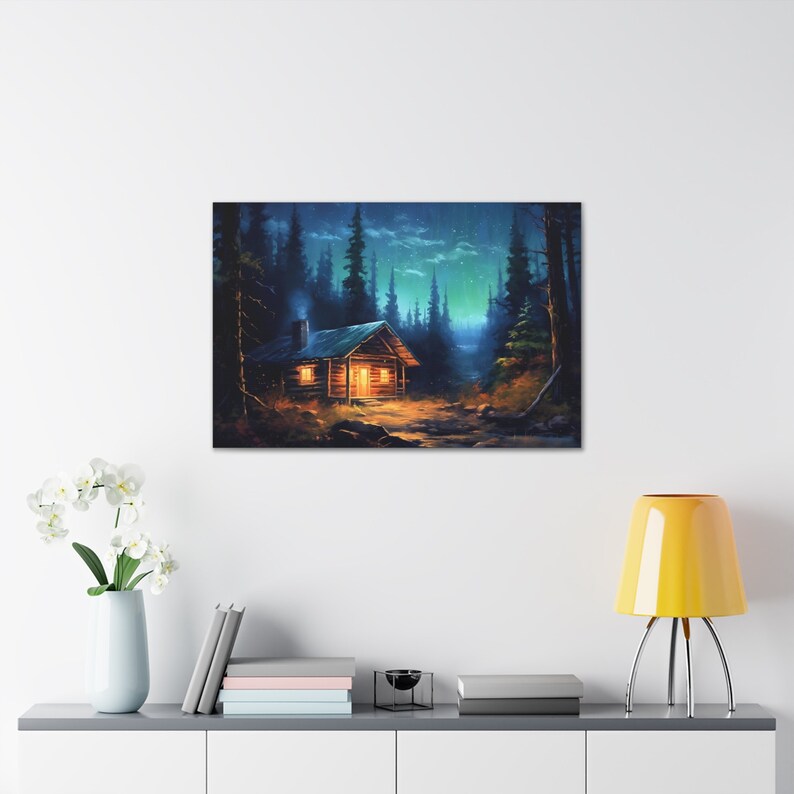 Rustic Cozy Cabin at Night Oil Painting Style Canvas Print - Etsy