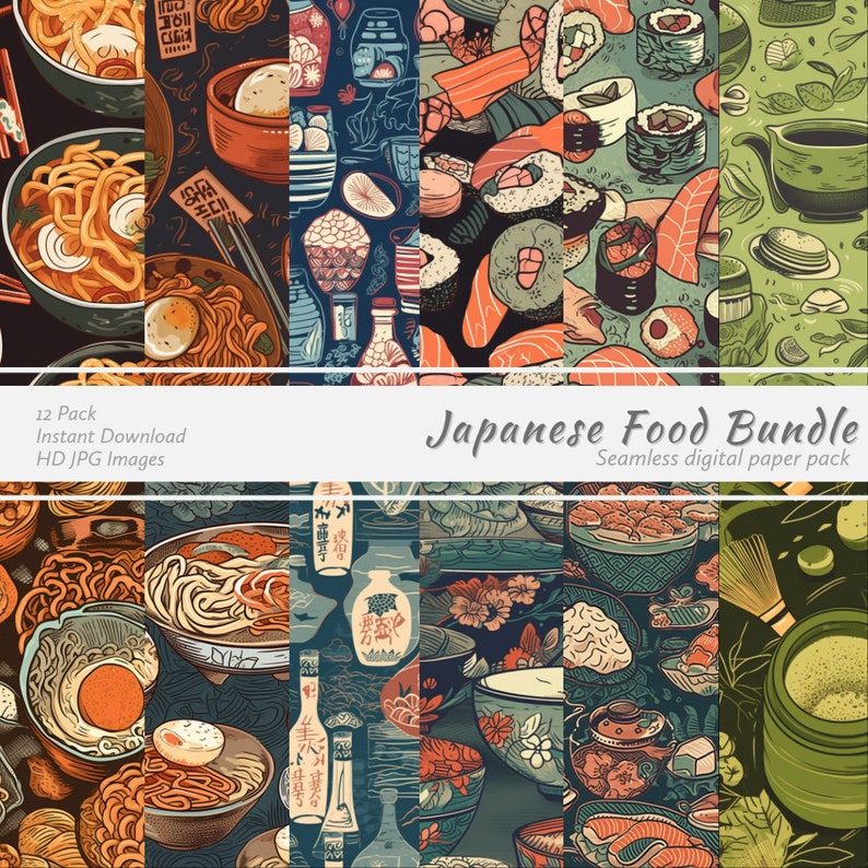 Japanese Food Digital Paper Bundle - Seamless, Printable Scrapbook ...
