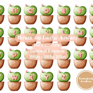 Number and English Alphabet on Cactus Clipart, English Clipart Bundle ...