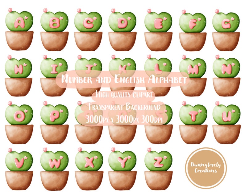 Number and English Alphabet on Cactus Clipart, English Clipart Bundle ...