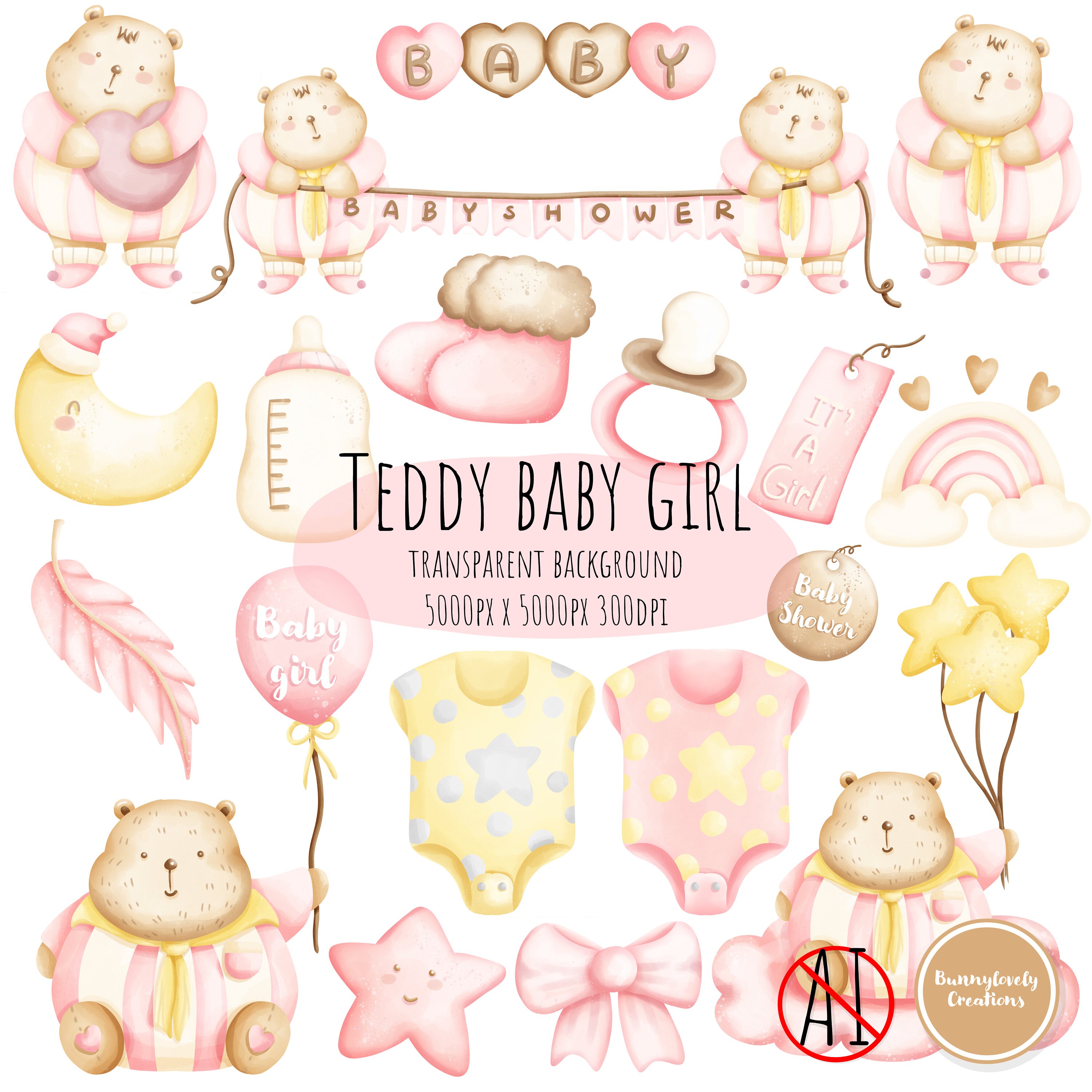 Teddy Bear Baby Girl Clipart: Baby Shower PNG (digital Download) - Etsy
