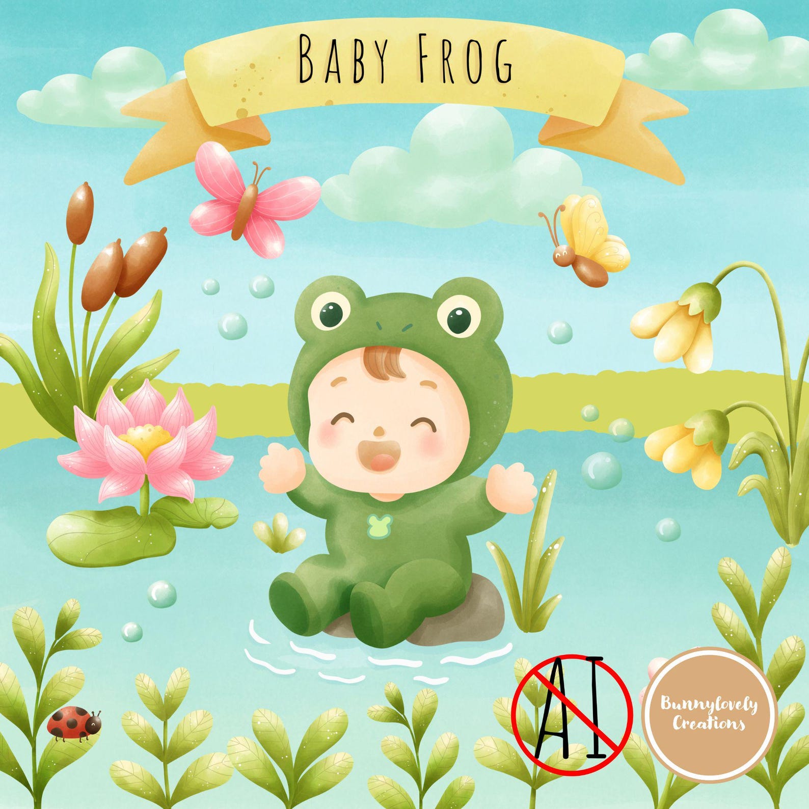 Baby Frog Clipart | Cute Green Frog PNG | Kawaii Frog Digital Download ...