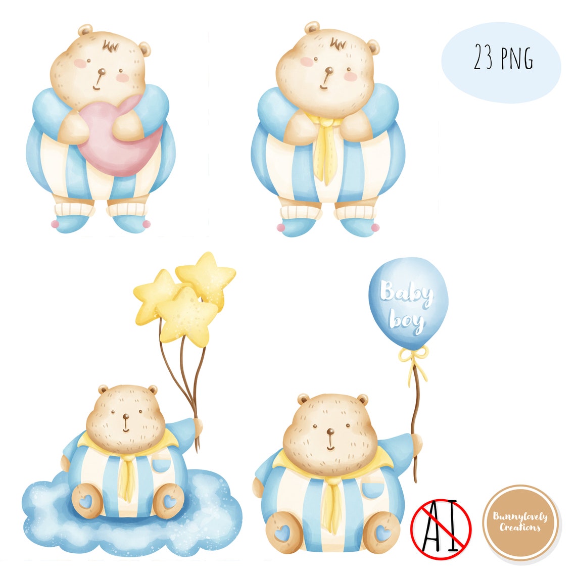 Teddy Bear Baby Boy Clipart: Baby Shower Nursery Decor (PNG Digital ...