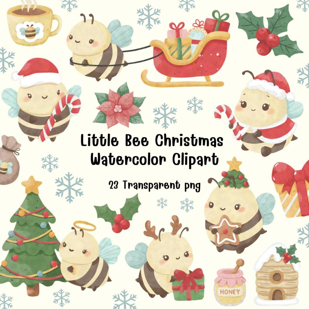 Cute Bee Christmas Clipart | Watercolor Holiday Bees (23 PNG) - Etsy ...