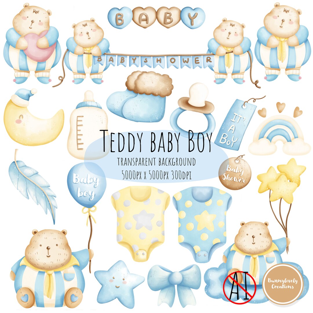 Teddy Bear Baby Boy Clipart: Baby Shower Nursery Decor (PNG Digital ...