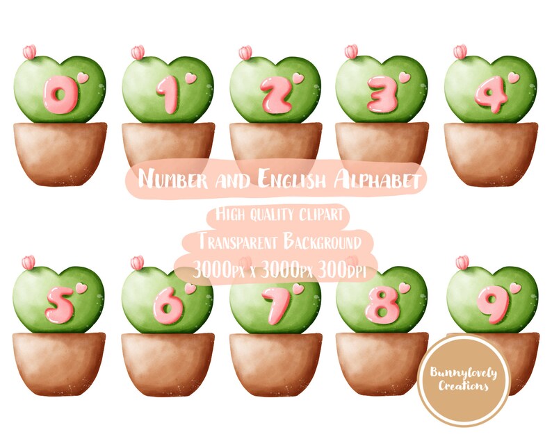 Number and English Alphabet on Cactus Clipart, English Clipart Bundle ...