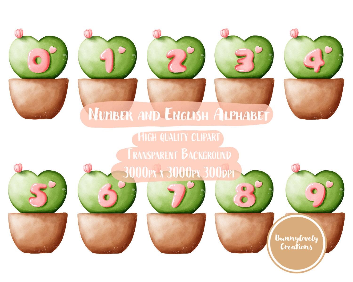 Number and English Alphabet on Cactus Clipart, English Clipart Bundle ...