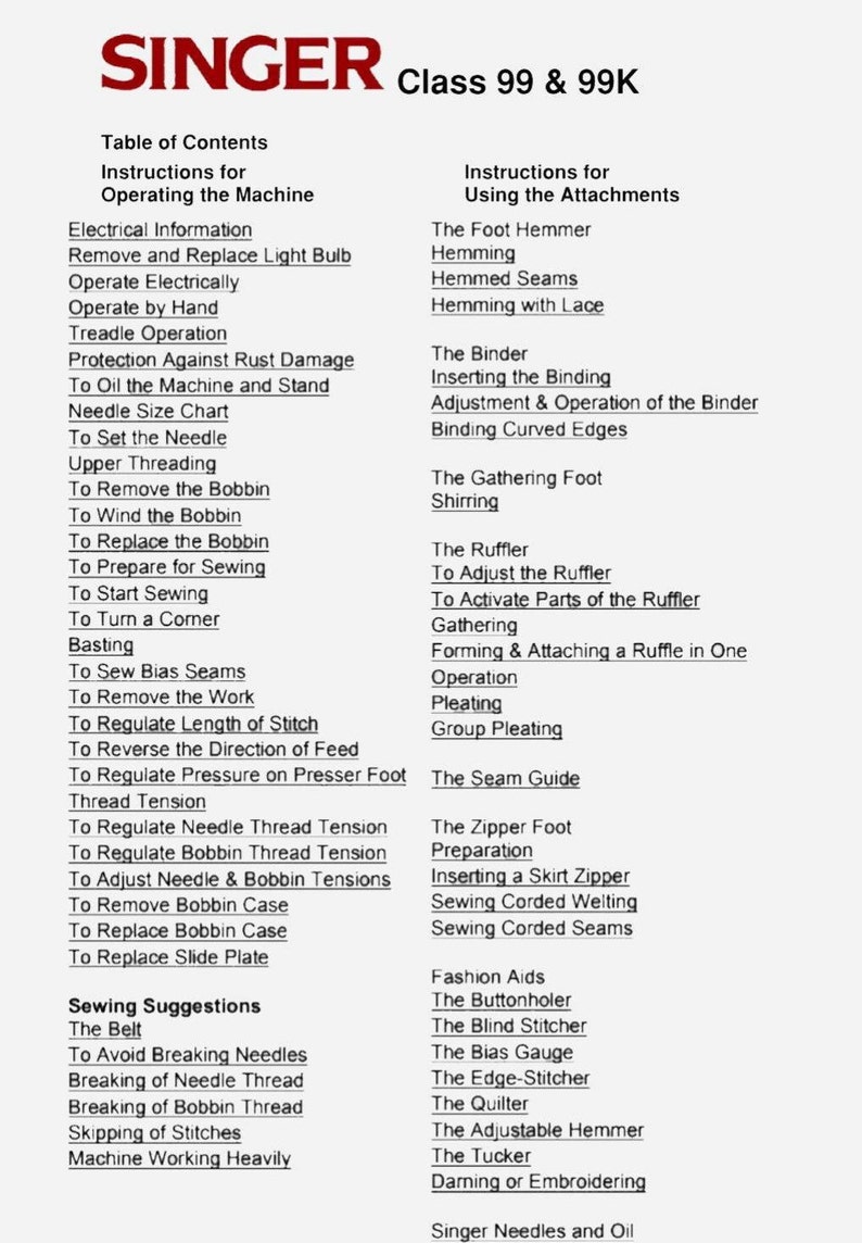 SINGER Class 99 and 99k Instruction Manual PDF Manual PDF Download ...