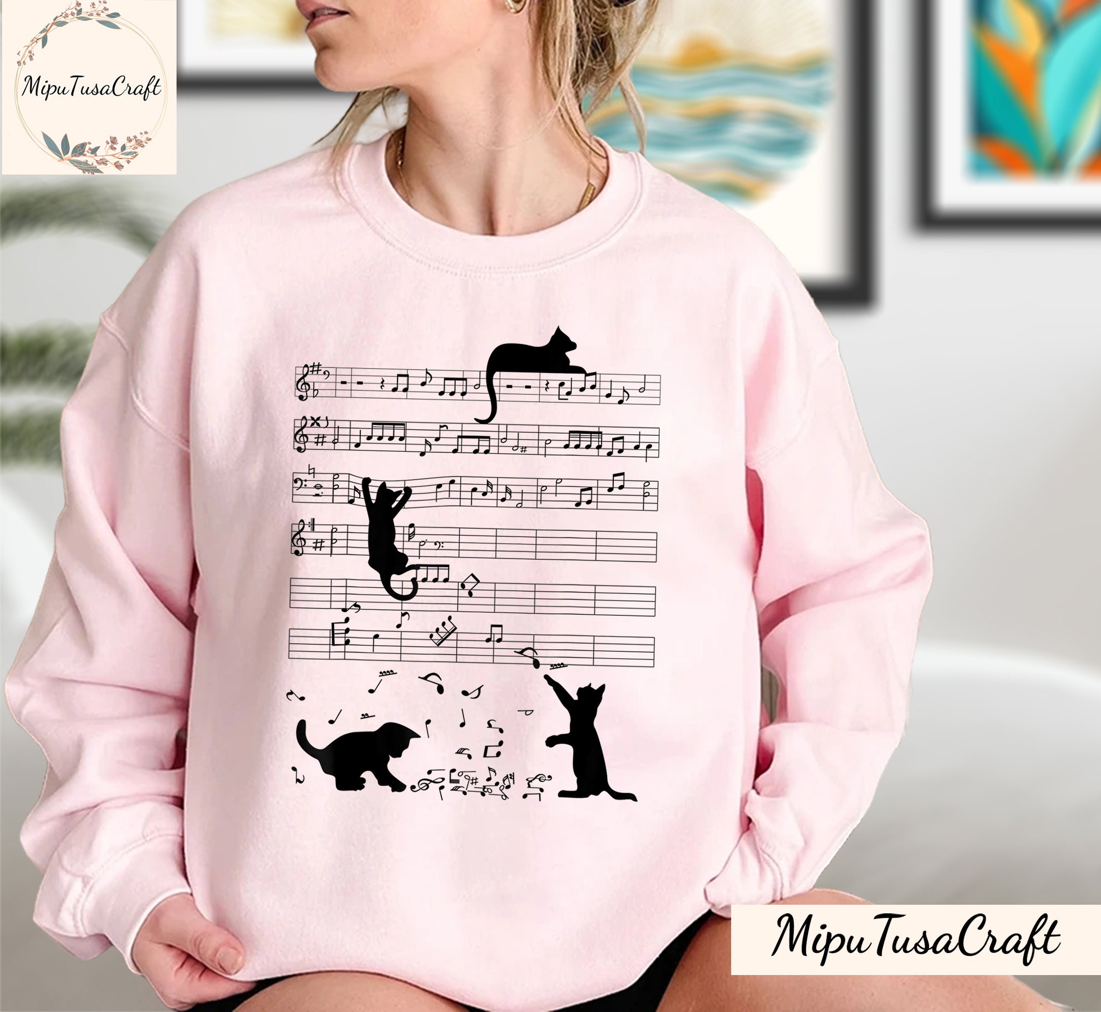 Cute Cat Kitty Playing Music Note Clef Musician Art T-shirt, Cat Funny ...