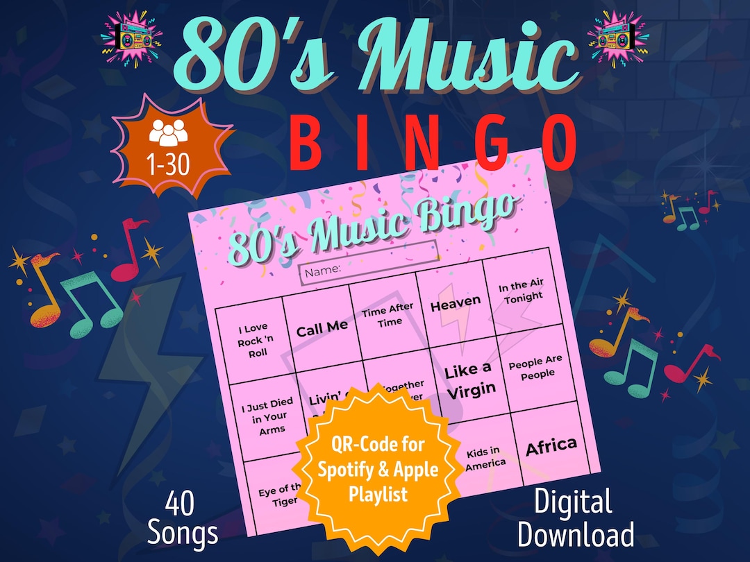 80s Music Bingo 1-30 People | Party Game for Adults Bingo | Birthday ...