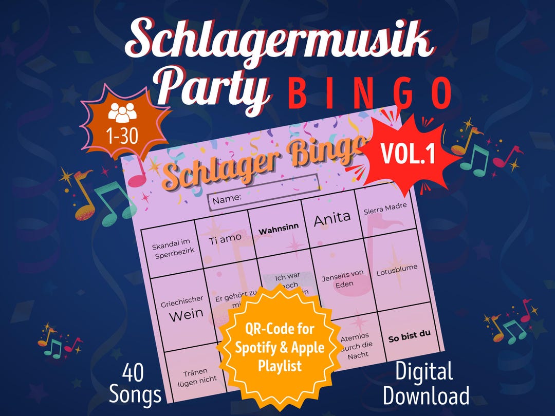 Schlager Music Party Bingo | Fun Drinking Game for Birthday and ...