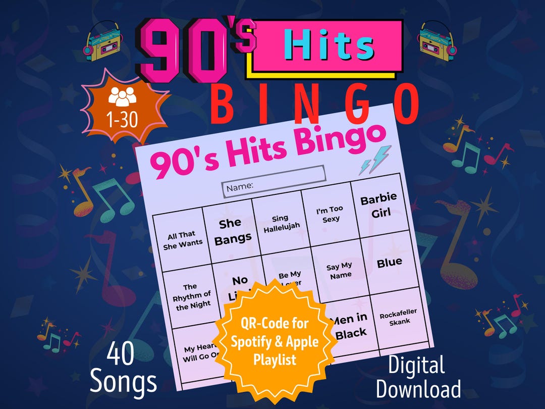 90's Hits Bingo 1-30 People | Party Games for Adults Bingo | Music ...