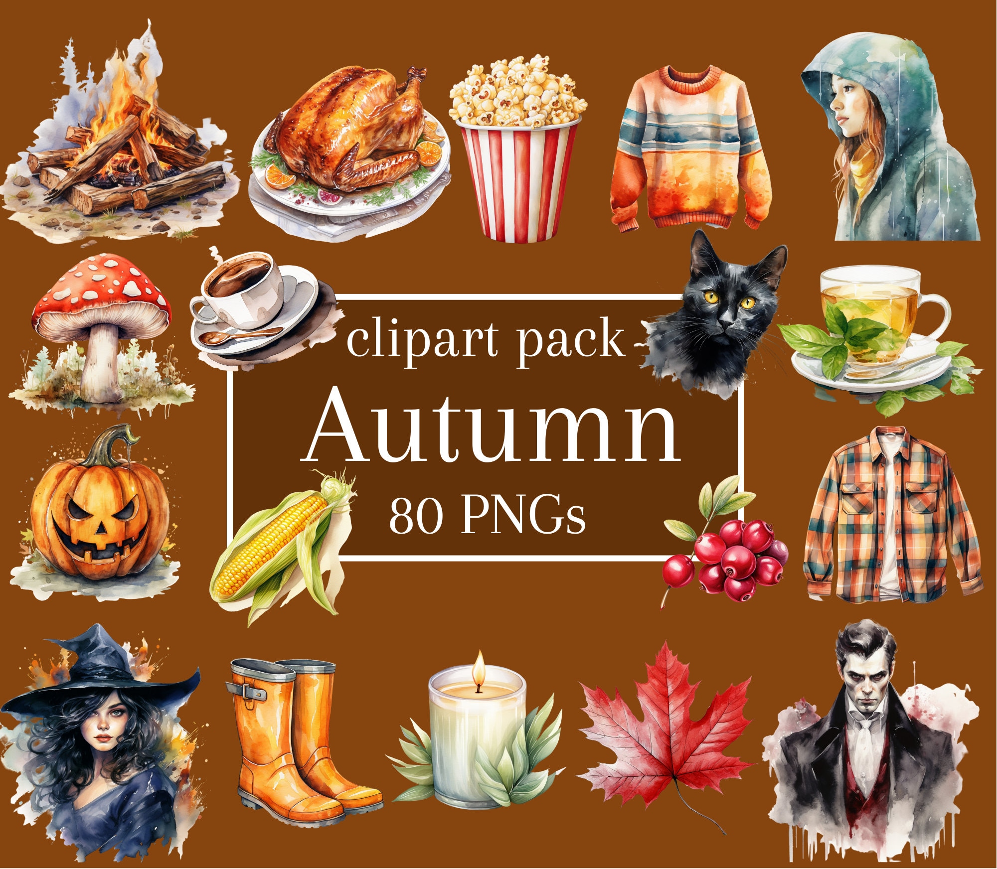 Fall Bundle 80 Clipart Images: Halloween, Thanksgiving and Cozy Motifs ...