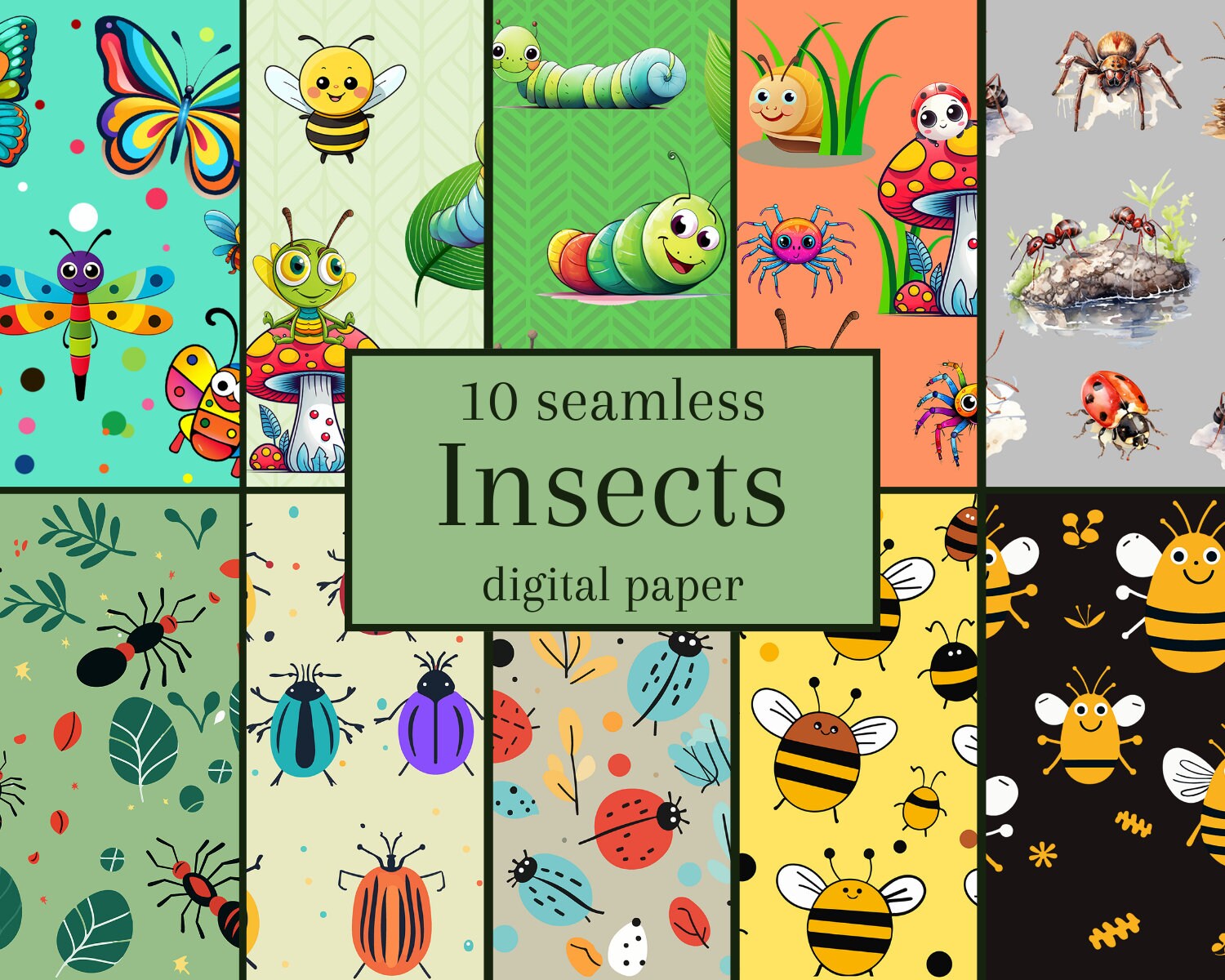 Cute Insects and Bugs 10 Digital Papers and Seamless Patterns Great for ...