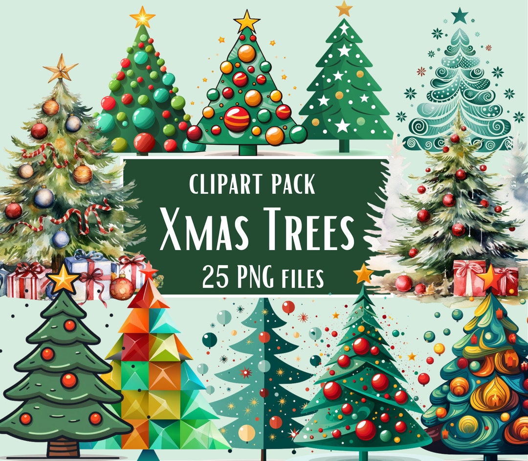 25 Christmas Trees Clipart Pack for Stickers, Illustrations, Web Design ...
