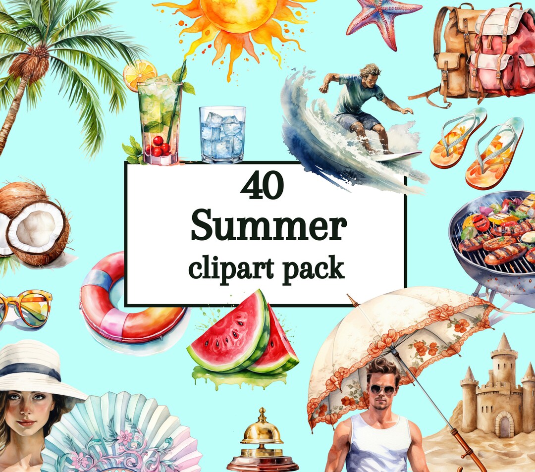 Watercolor Summer Themes Digital Bundle of 40 High-quality Images With ...