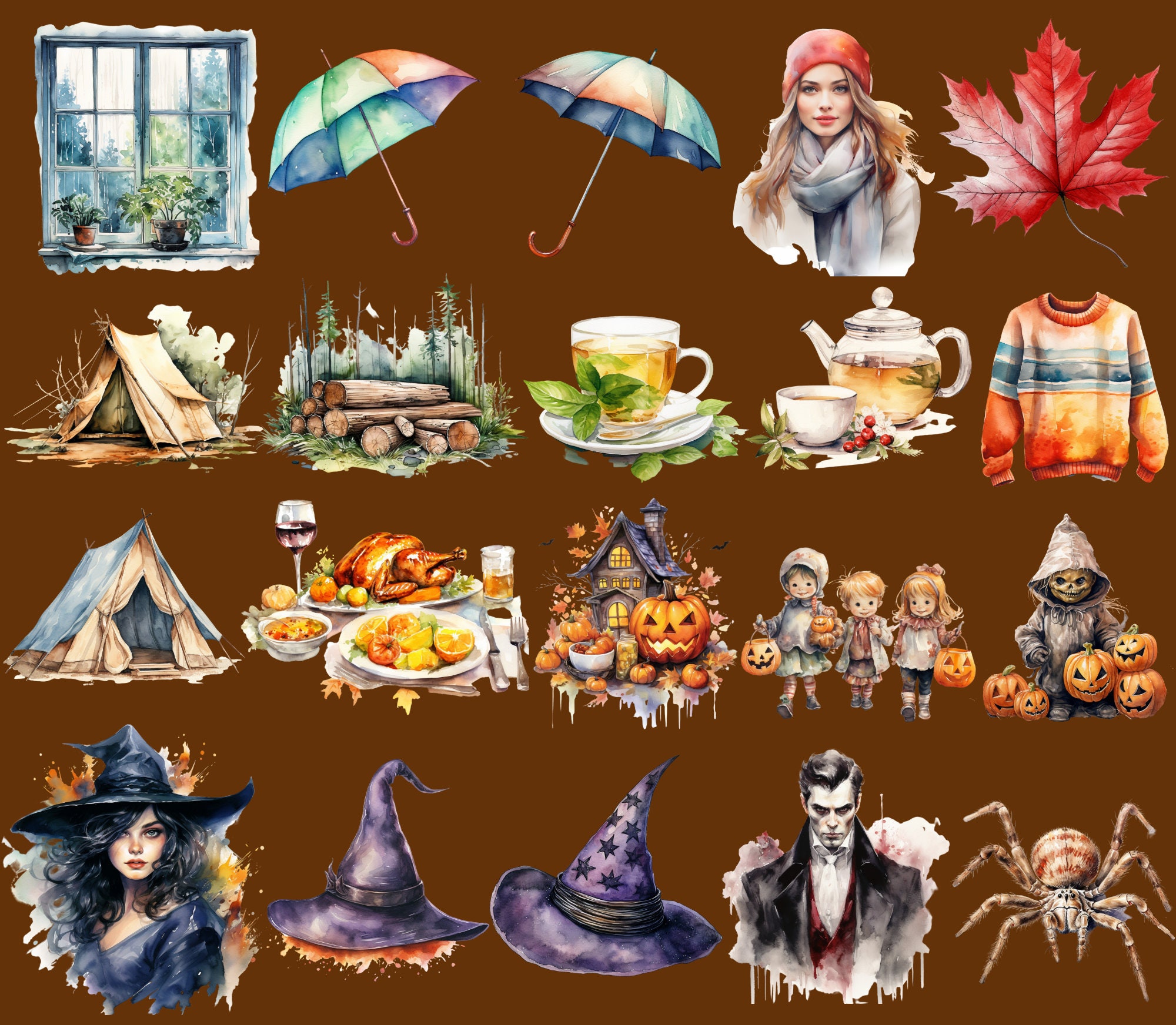 Fall Bundle 80 Clipart Images: Halloween, Thanksgiving and Cozy Motifs ...