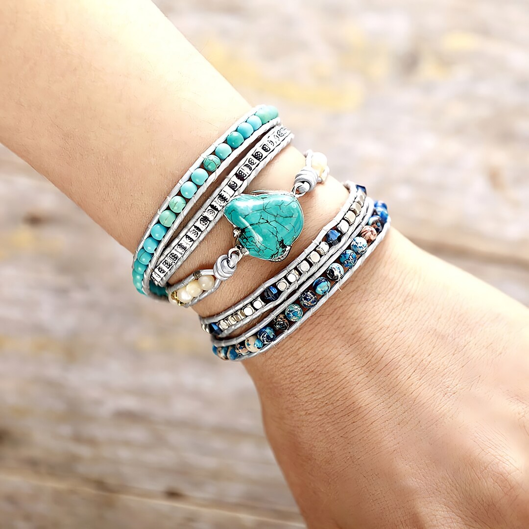 Beaded Multi-layered Turquoise Leather Bracelet Boho Chic Jewelry for ...