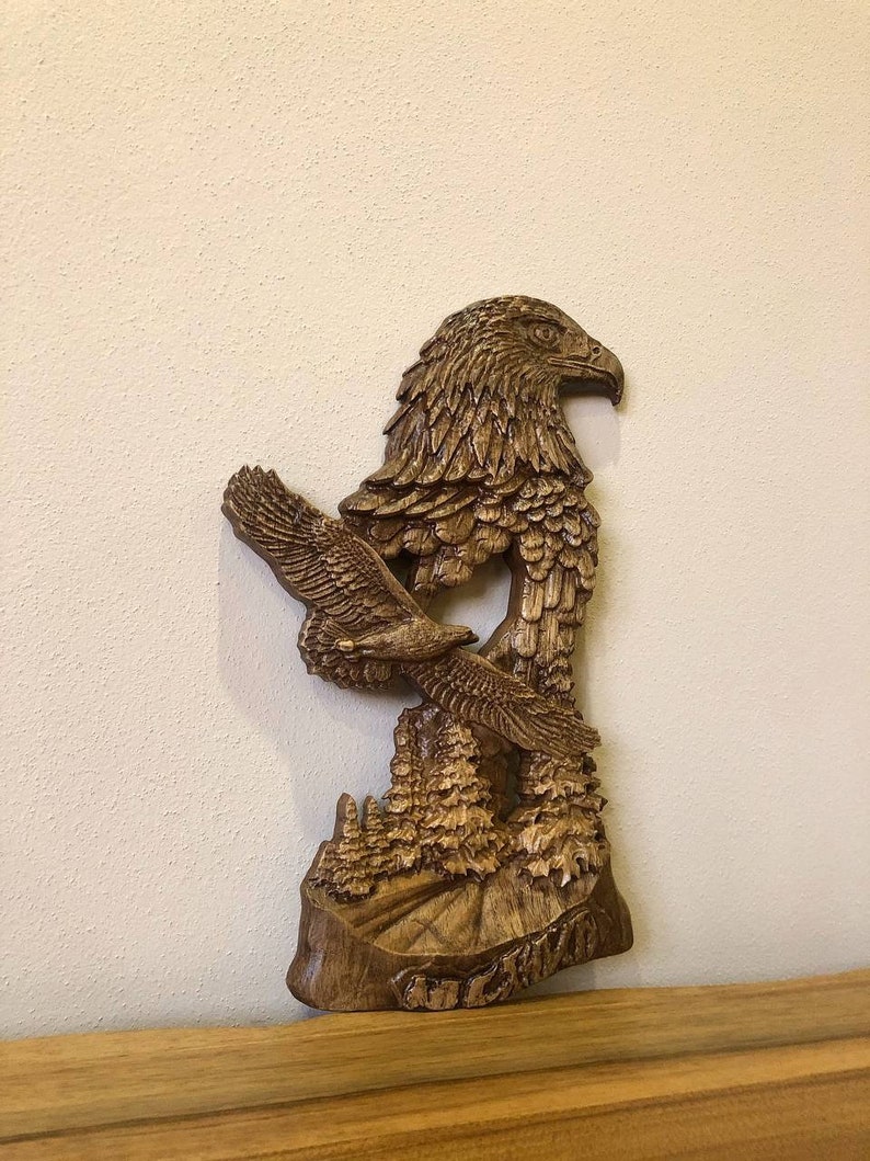 Wooden Carved Eagle, Wall Wood Decor From Oak, American Bald Eagle ...