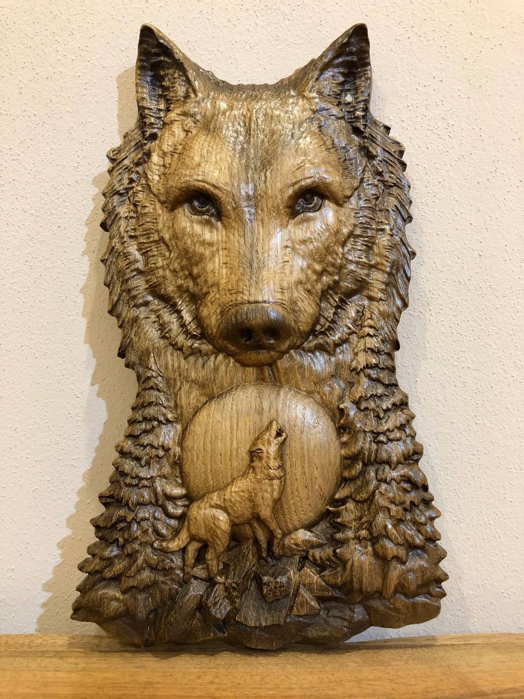 Wood Wolf With Moon Woden Carved Picture Moon Wolf Night Landscape ...