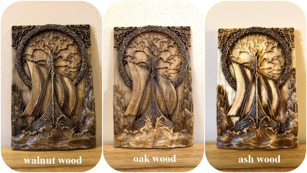 Viking Ship, Tree of Life, Wooden Carved Picture Oak Scandinavion ...